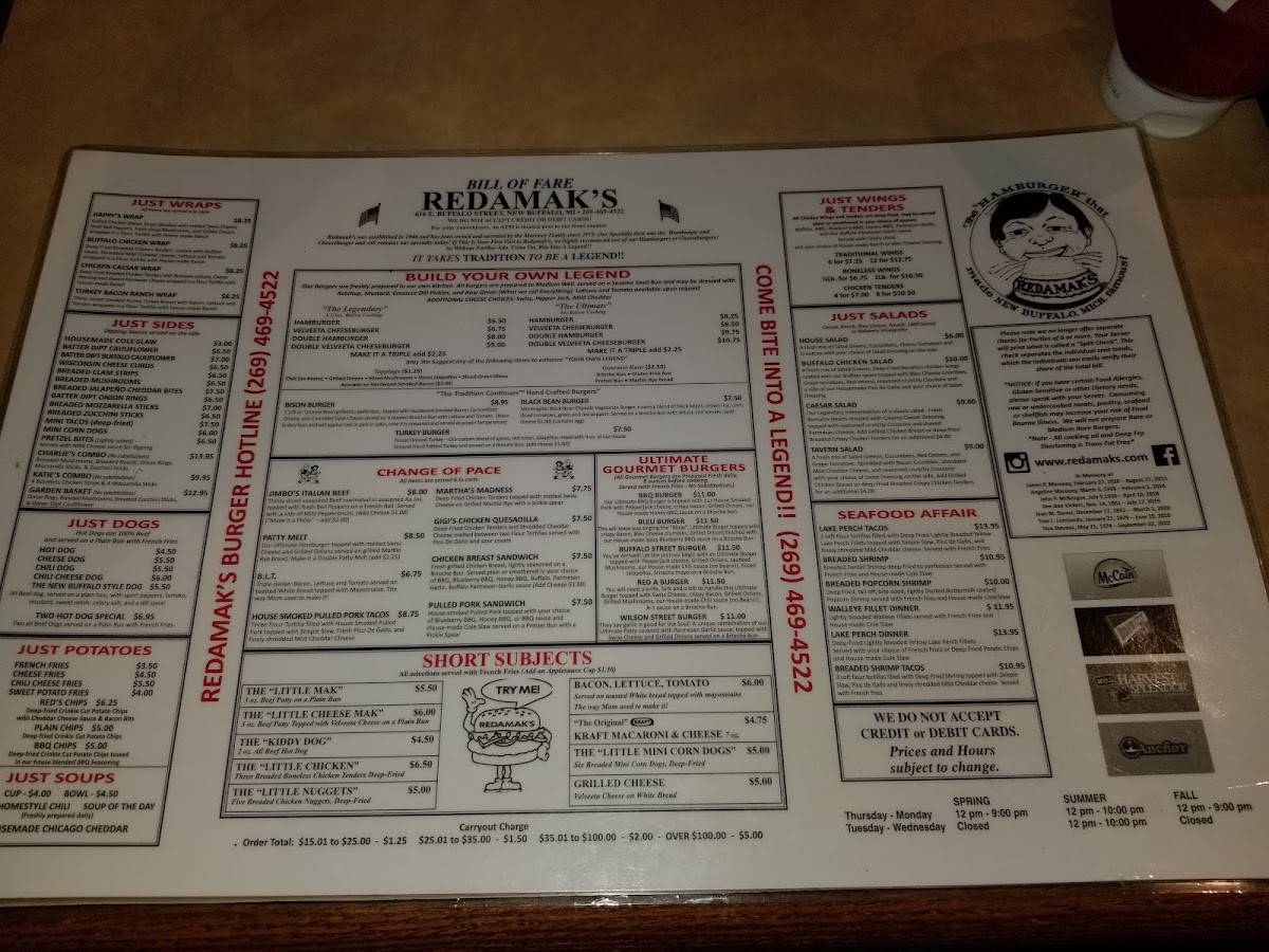 Menu at Redamak's fast food, New Buffalo