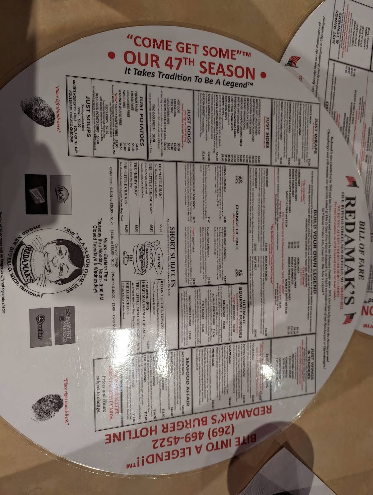 Menu at Redamak's fast food, New Buffalo