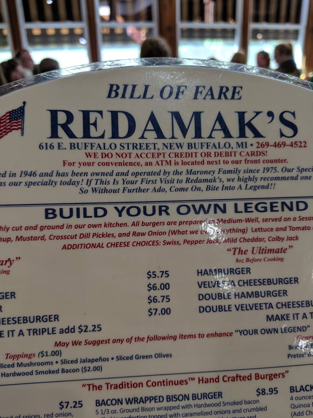 Menu at Redamak's fast food, New Buffalo