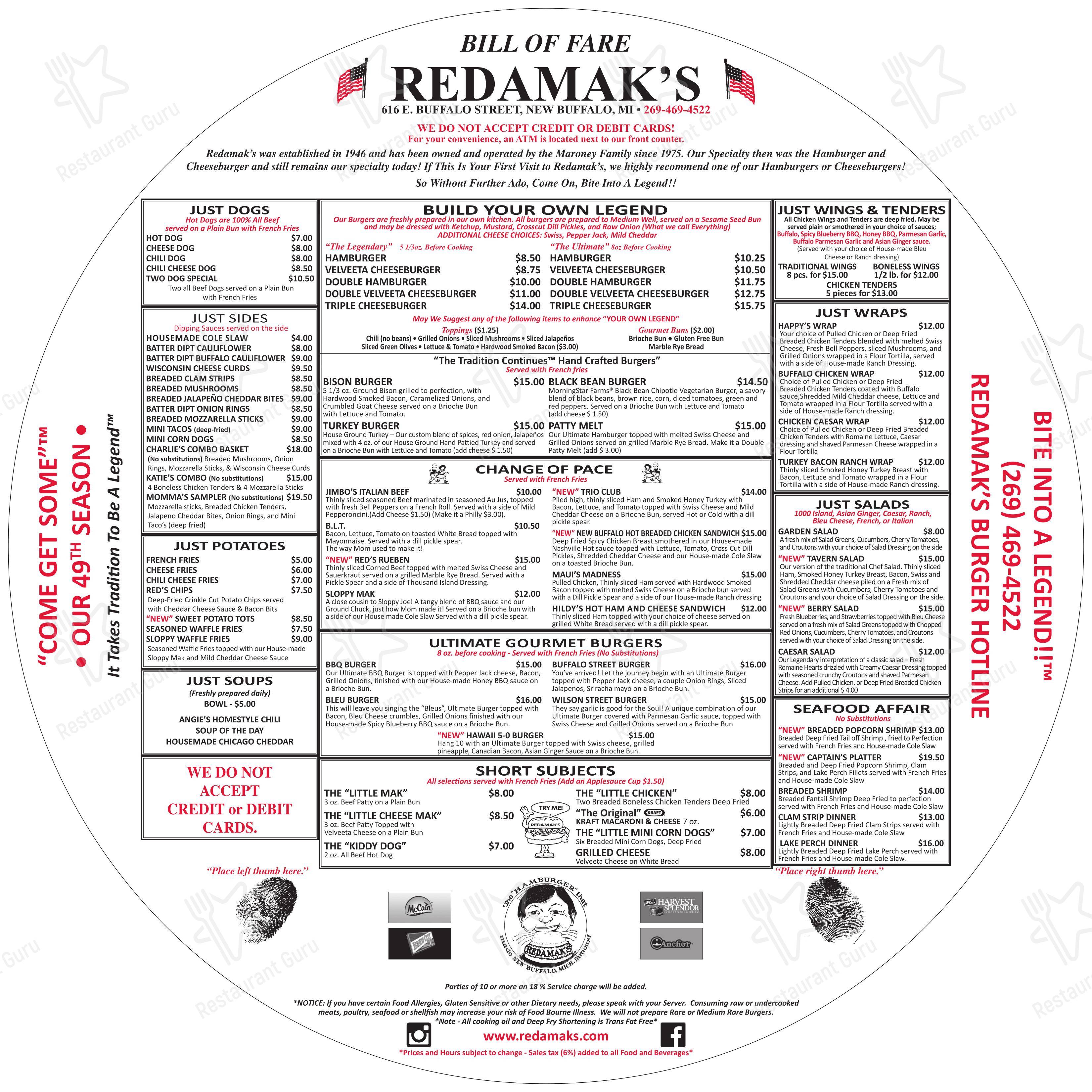 Menu at Redamak's fast food, New Buffalo