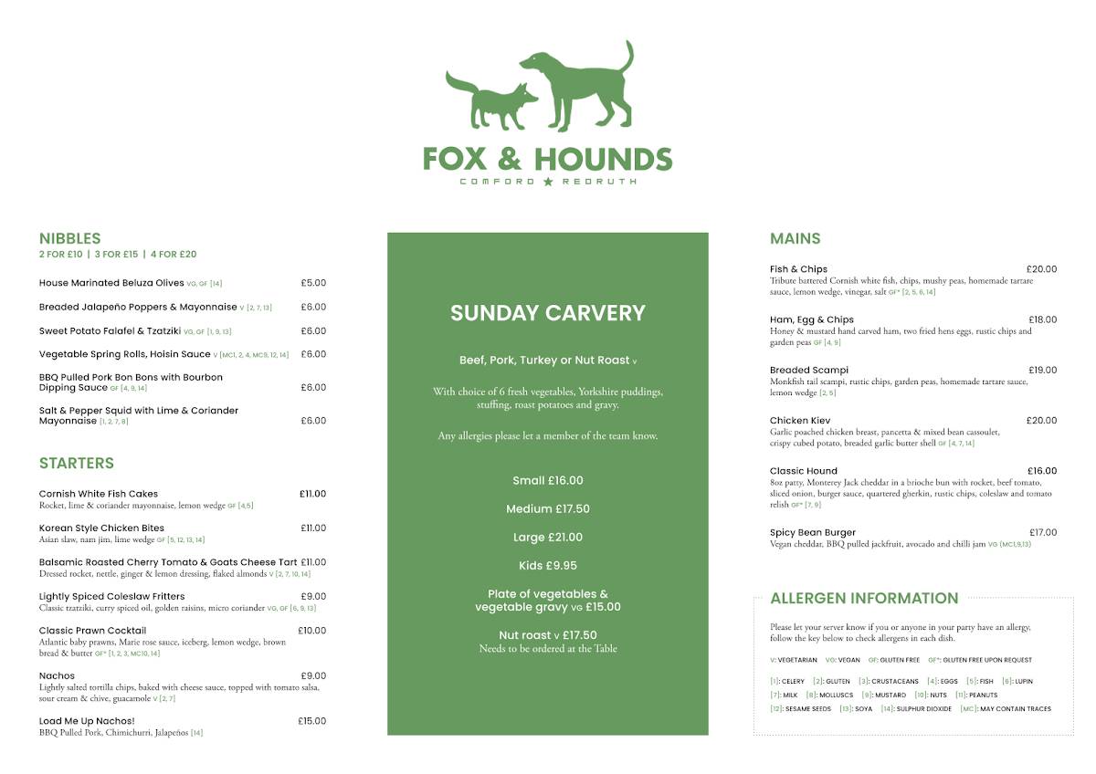 Menu at The Fox & Hounds Comford restaurant, Redruth
