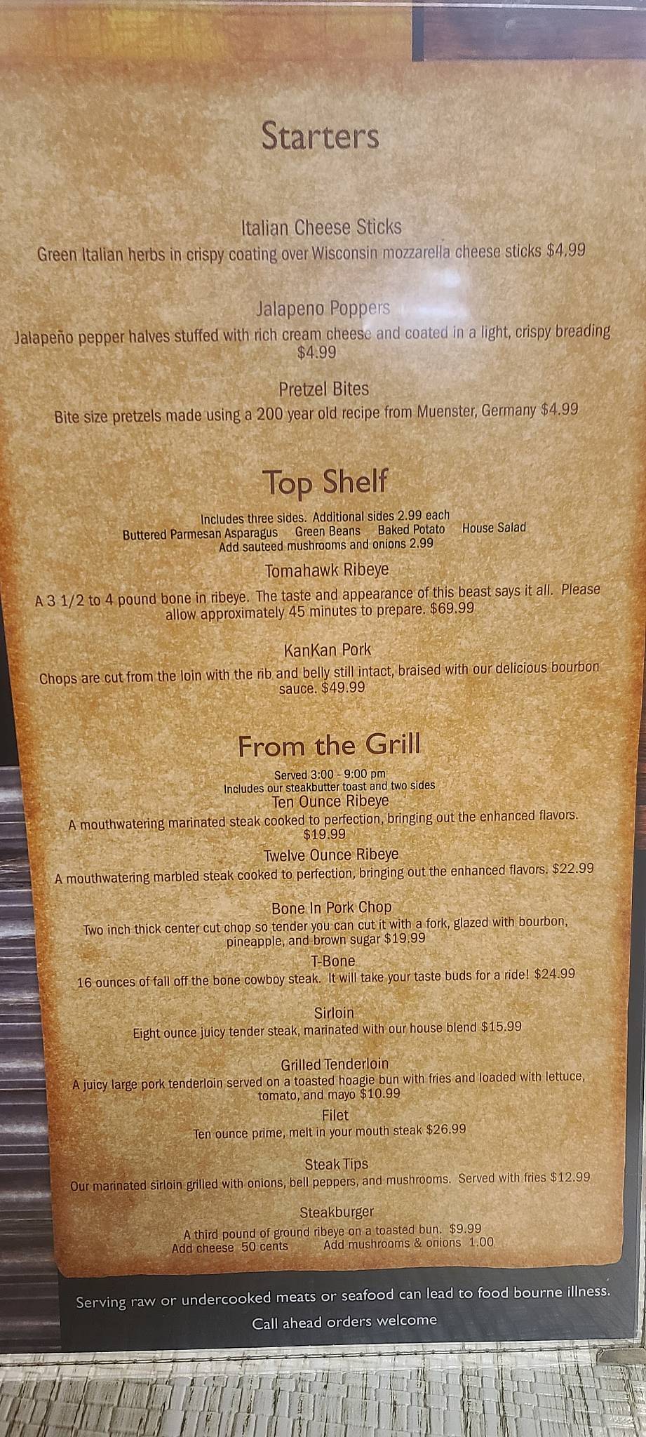 Menu at Reed’s Place: Steak and Chop Shop steakhouse, Seymour