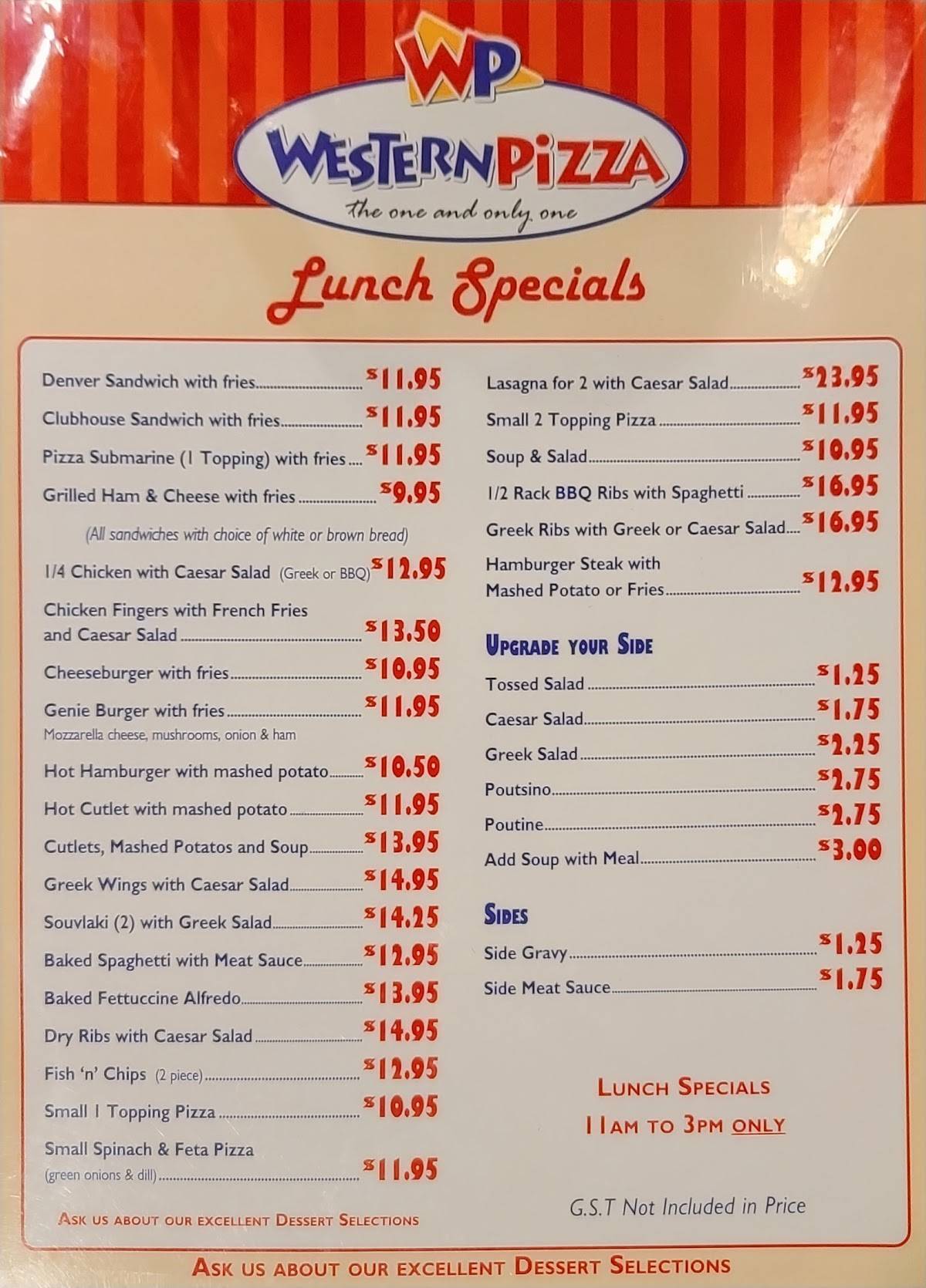 Menu au Western Pizza restaurant, Regina, 9th Ave N
