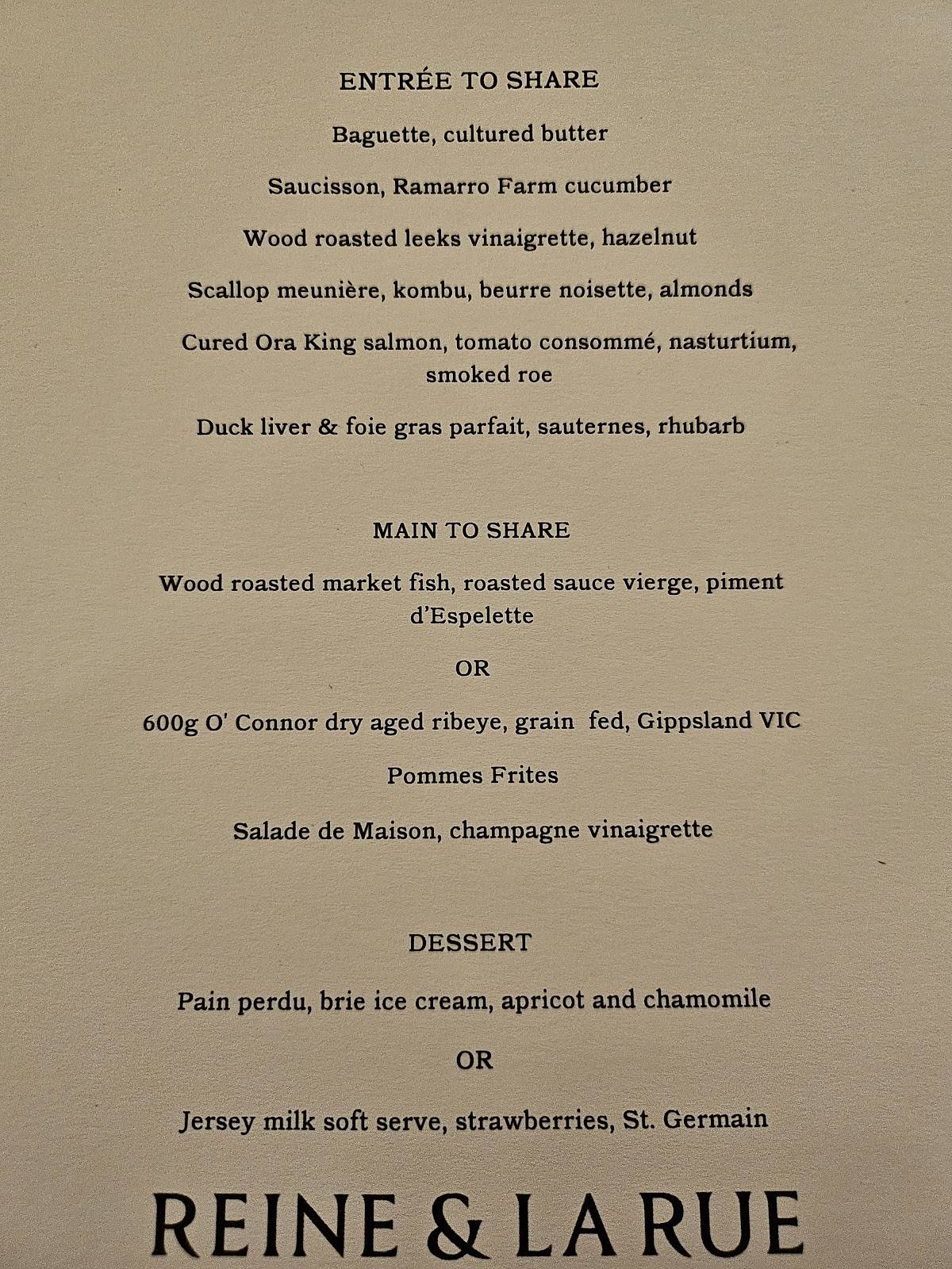 Menu at Reine & La Rue restaurant, Melbourne