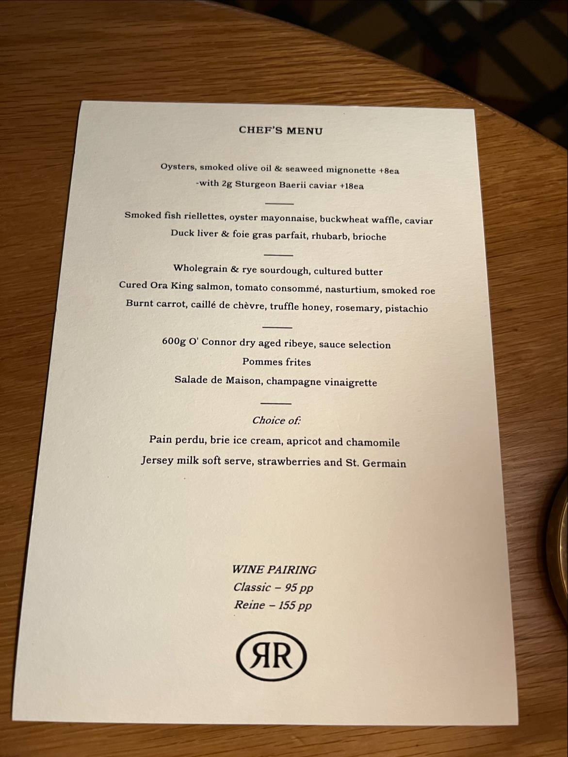 Menu at Reine & La Rue restaurant, Melbourne