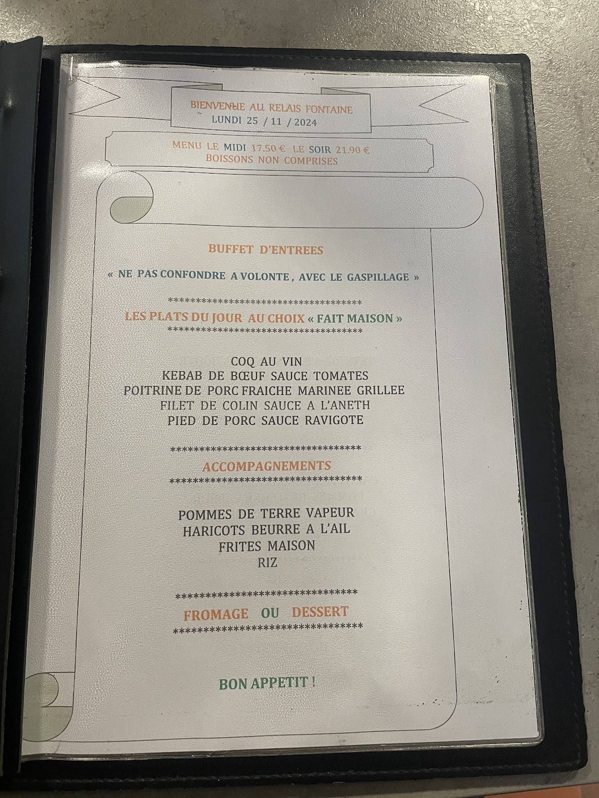 Menu au Relais Routier "Fontaine" - Hôtel Pension Restaurant, Pezou