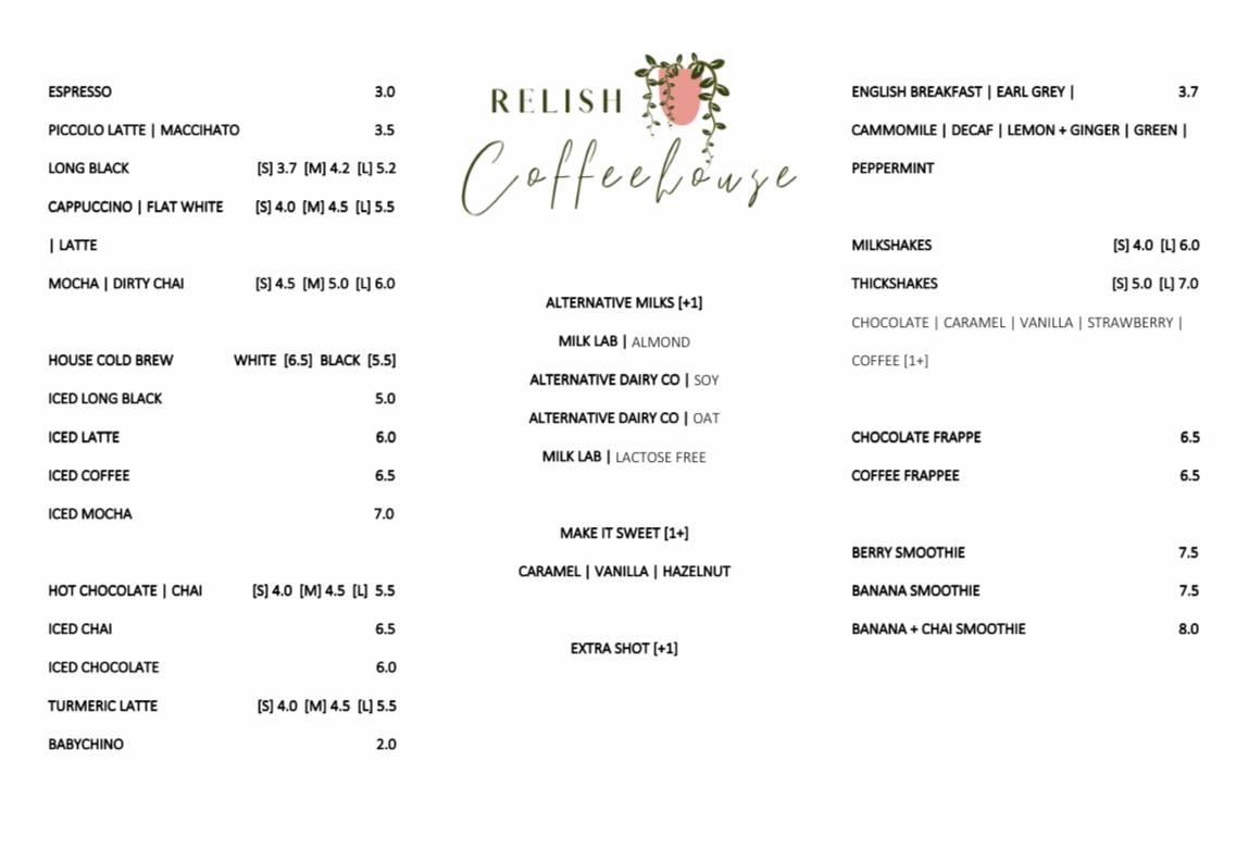 Menu at Relish Coffeehouse cafe, Cooranbong