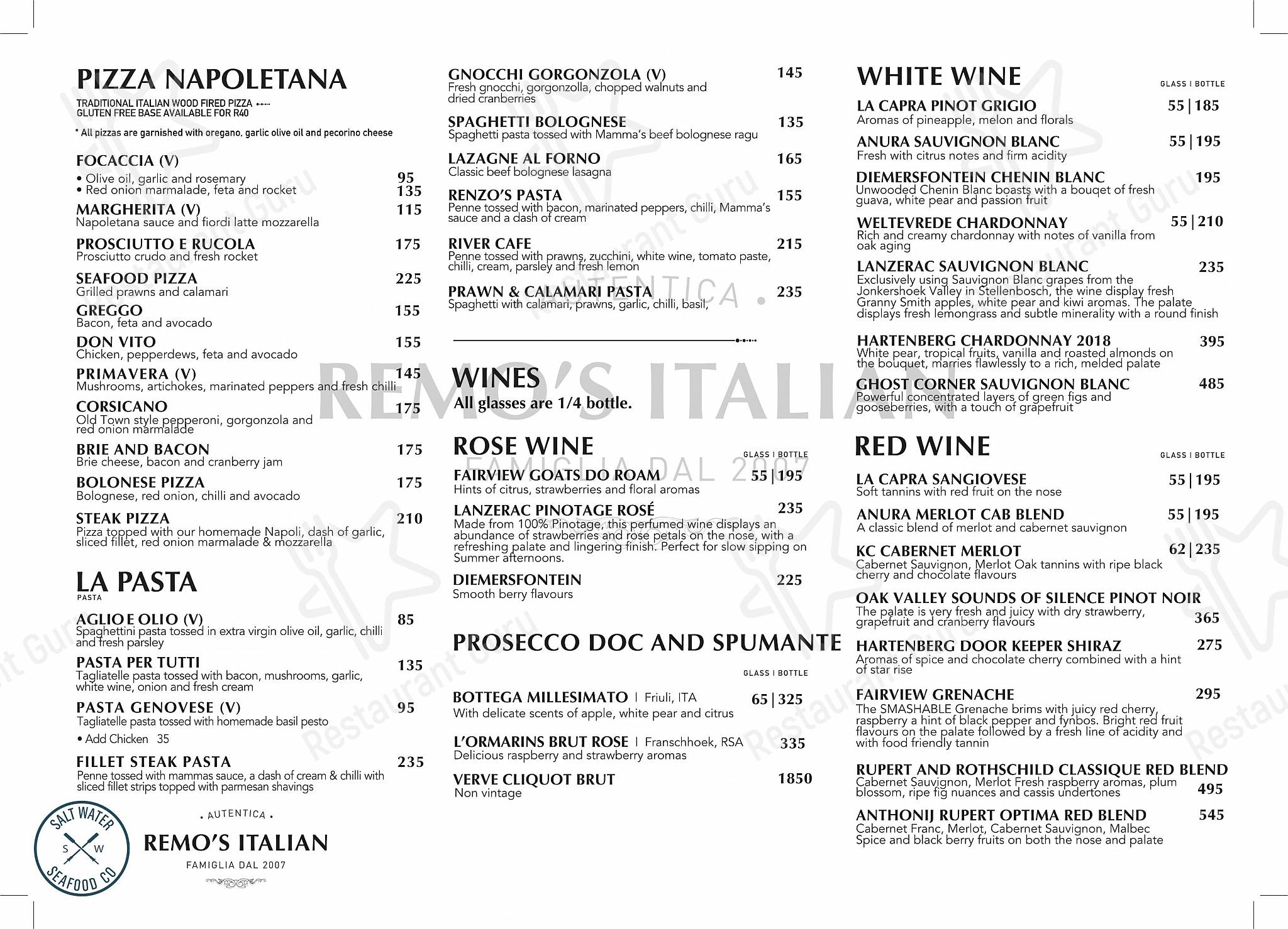 Menu at Remo's Fratelli Restaurant, Durban North