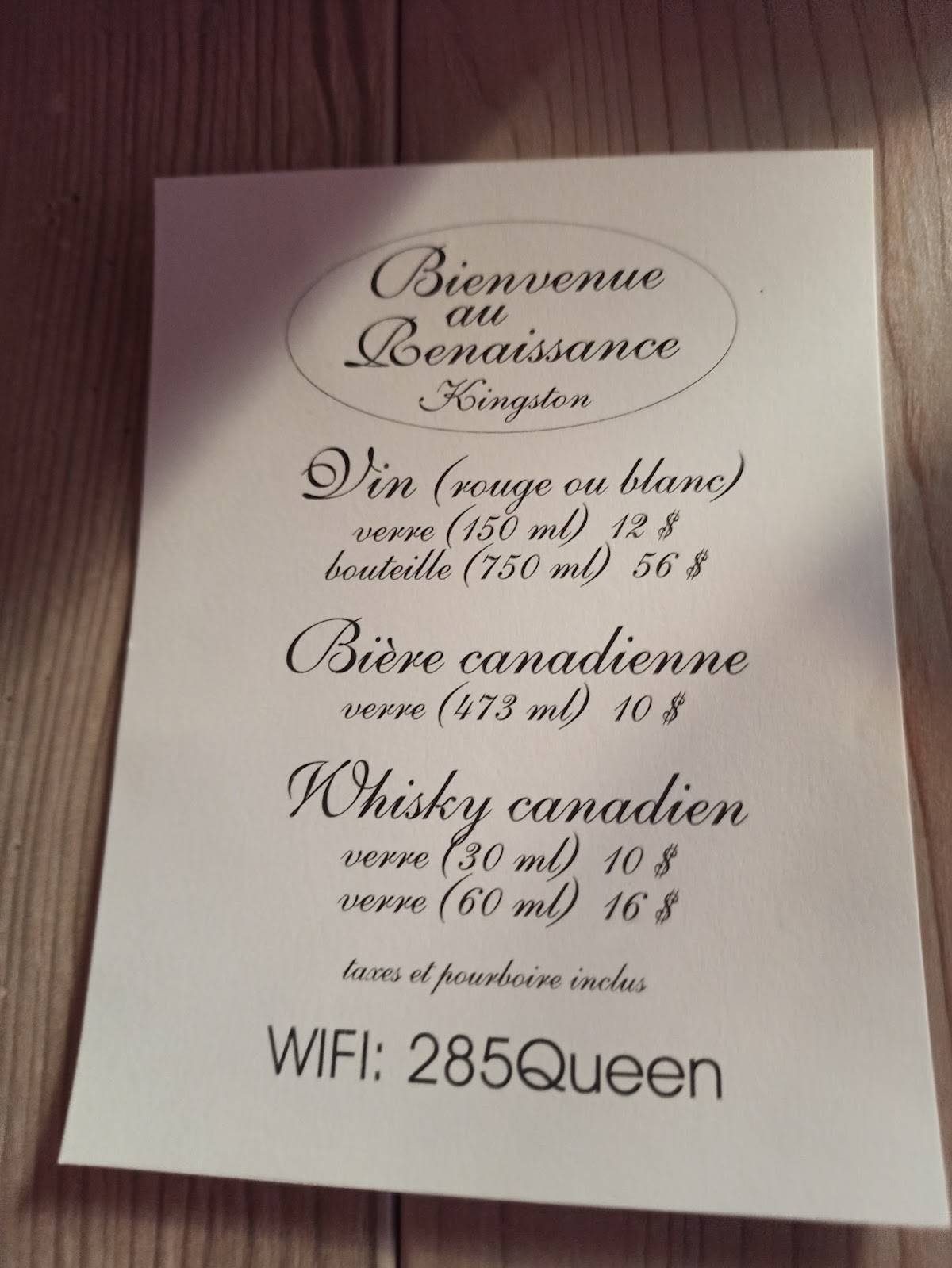 Menu at Renaissance restaurant, Kingston