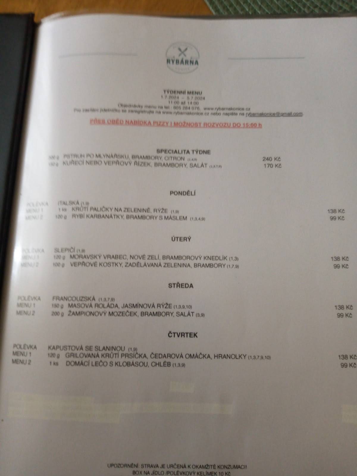 Menu at Restaurace Rybárna Konice restaurant, Konice