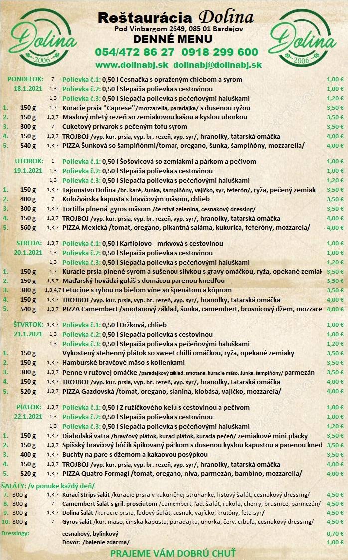 Menu at Reštaurácia Dolina restaurant, Bardejov, Pod Vinbargom 2649