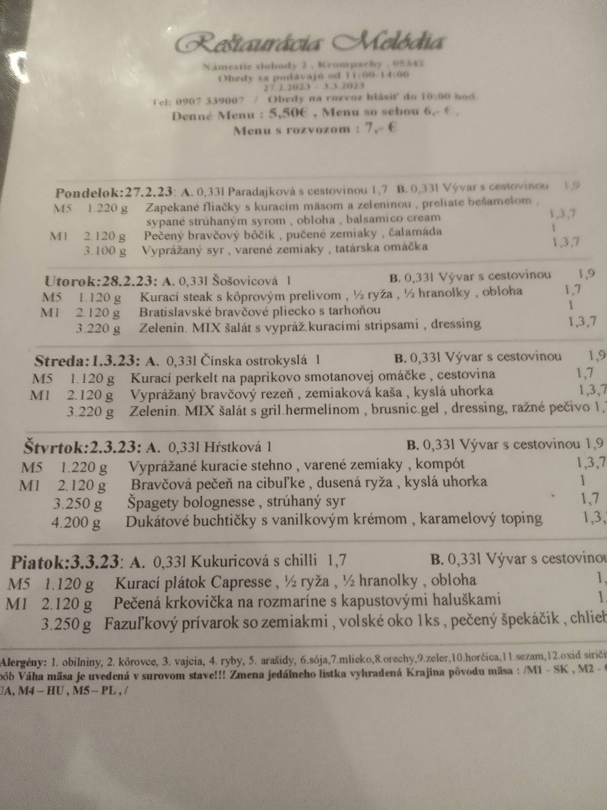 Menu at Melody Restaurant & Café, Krompachy