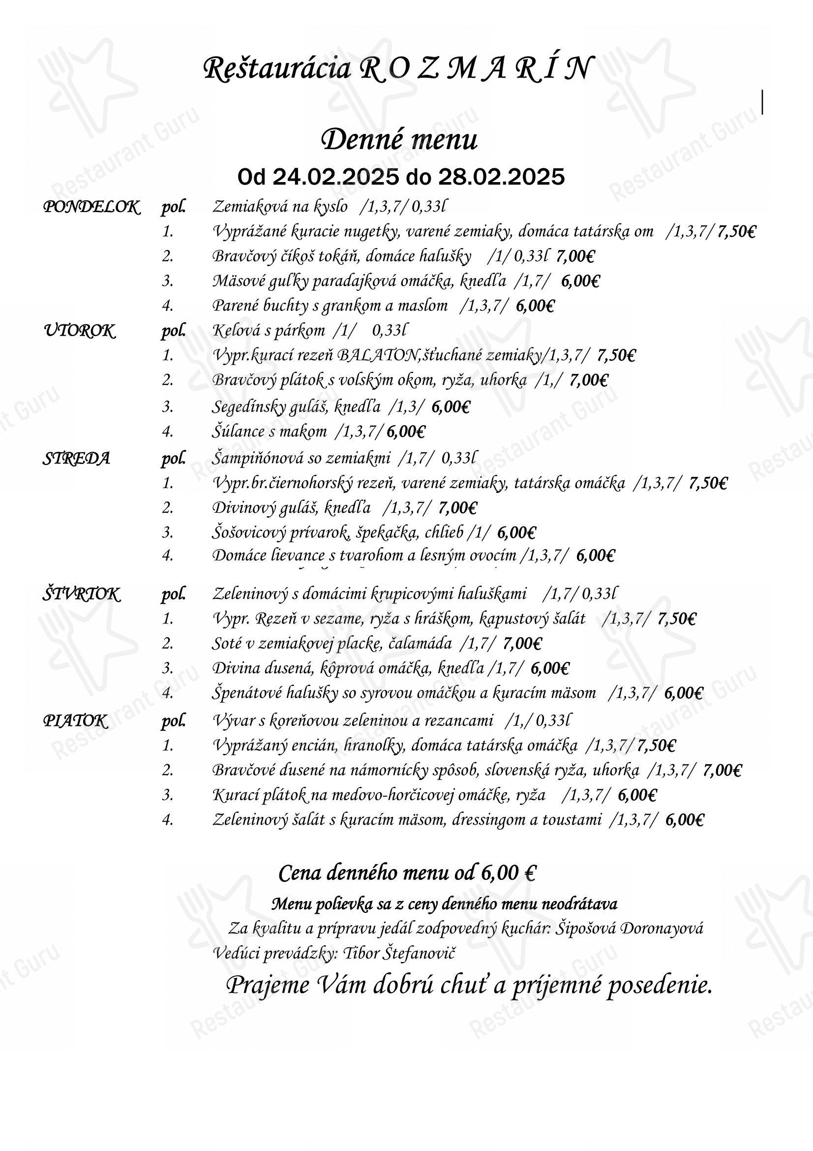 Menu at Reštaurácia Rozmarín restaurant, Senec