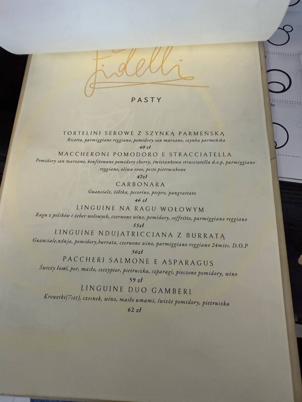 Menu at Restauracja Fidelli restaurant, Gdynia