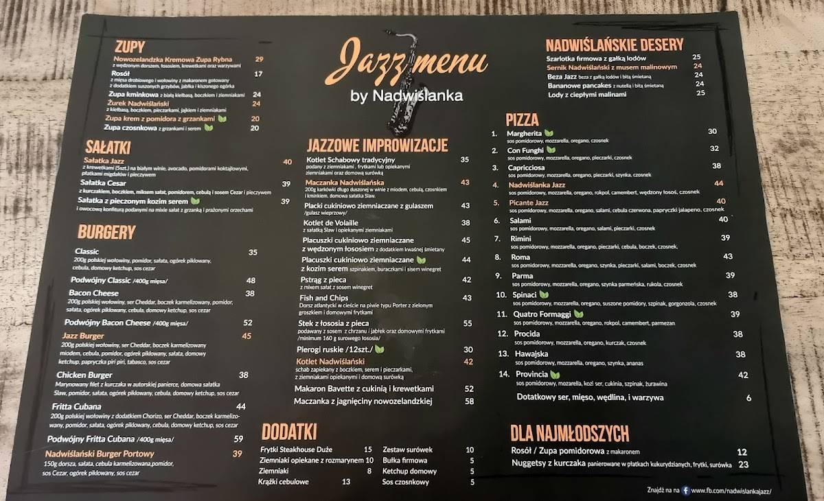 Menu at Restauracja Nadwiślanka Jazz restaurant, Niepołomice