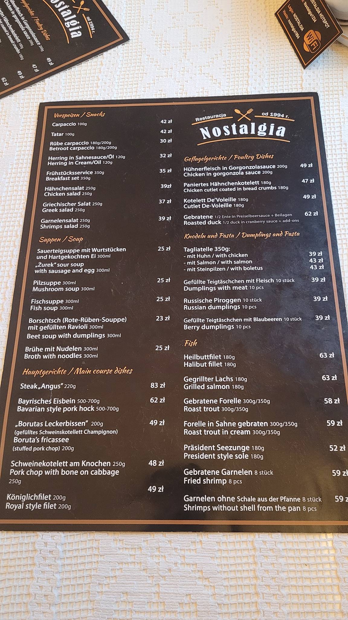 Menu at Restauracja Nostalgia restaurant, Poland, Poganice 2