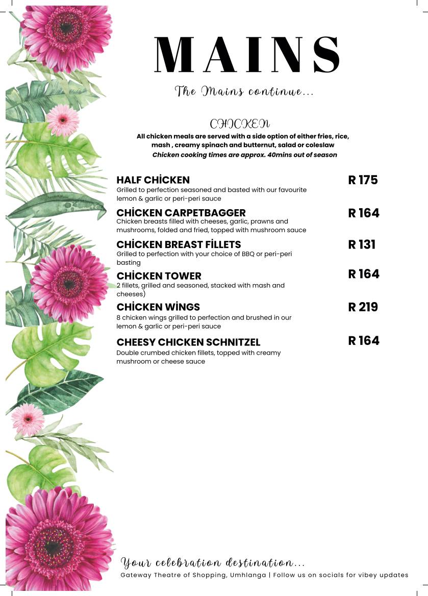 Menu at 1 on Palm restaurant, Umhlanga