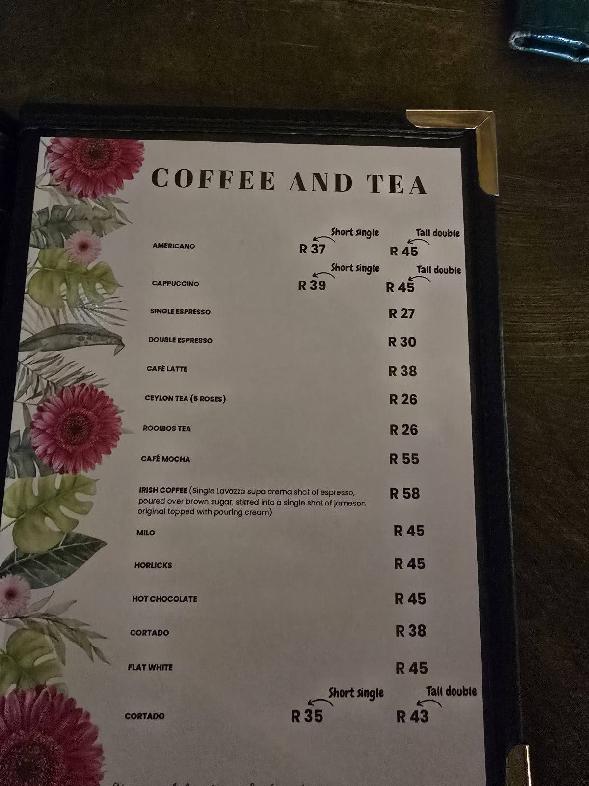Menu at 1 on Palm restaurant, Umhlanga