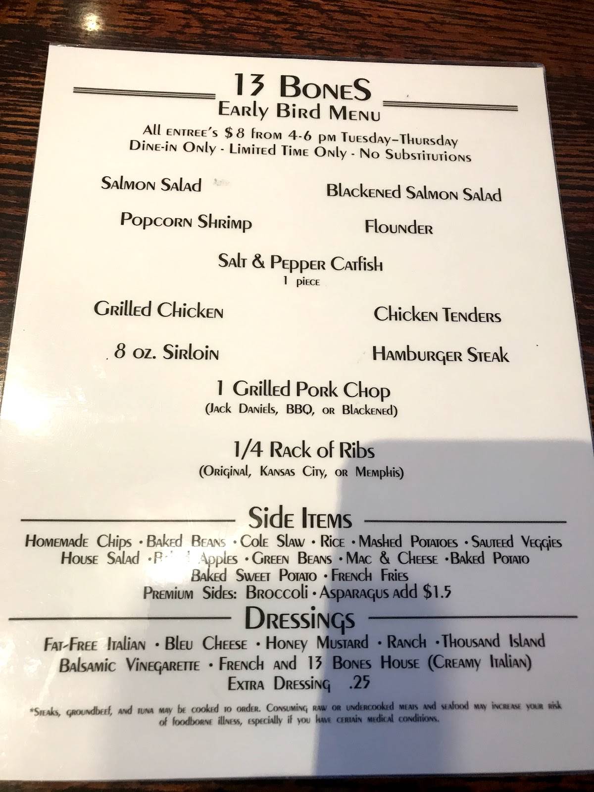Menu at 13 Bones Restaurant, Mount Airy