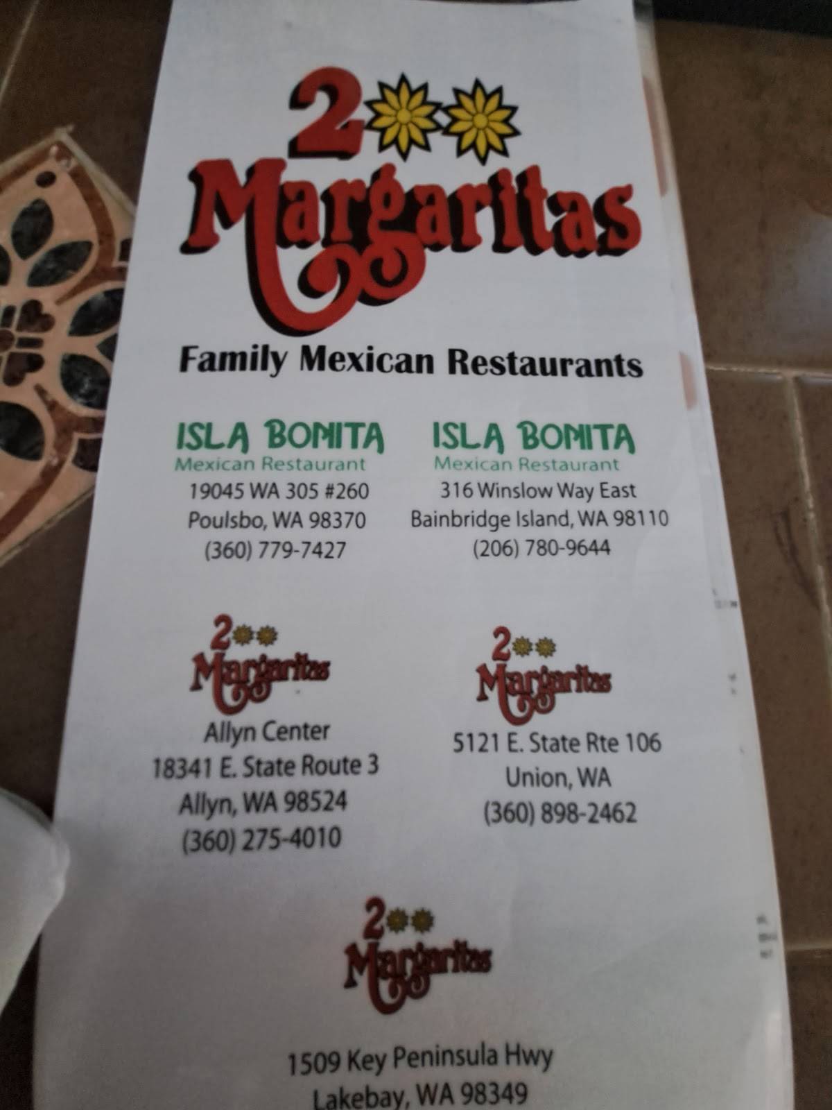 Menu at 2 Margaritas Restaurant, Union, WA-106