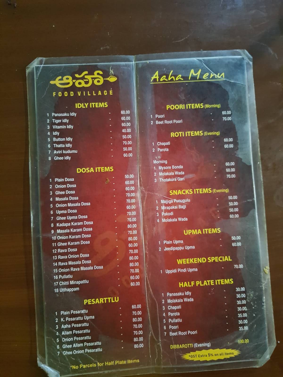 Menu at Aaha Food Village, Hyderabad, 1-284