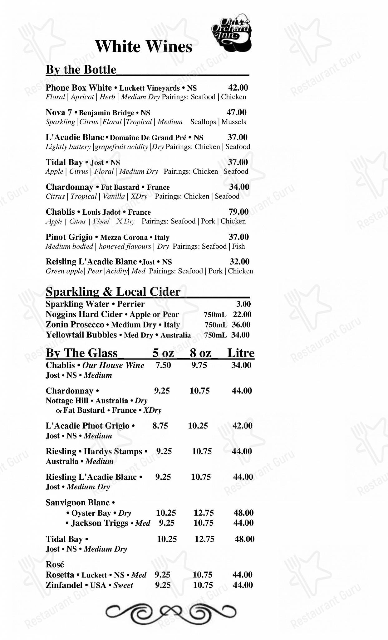 Menu at Old Orchard Inn restaurant, Wolfville