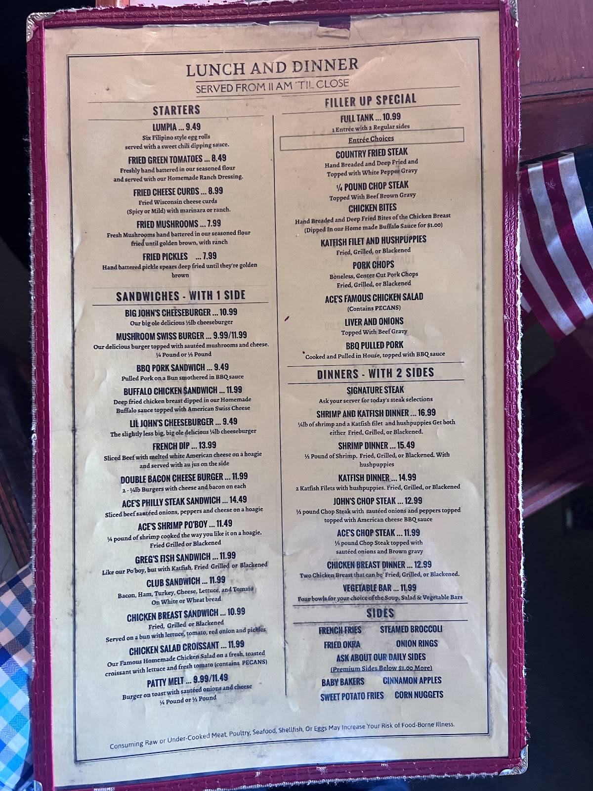 Menu at Ace's Restaurant, Milton