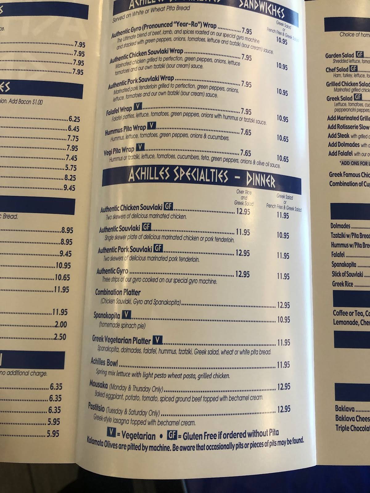 Menu at Achilles Grill restaurant, Greensboro, Battleground Ave