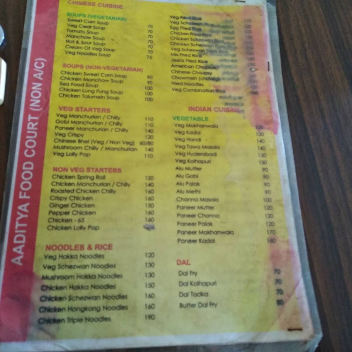 Menu at Aditya Food Court, Verna