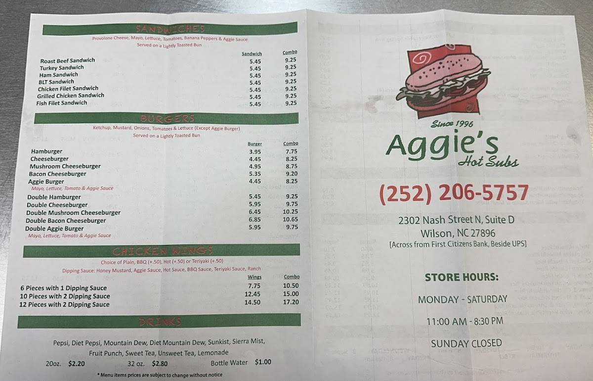 Menu at Aggie's Hot Subs restaurant, Wilson