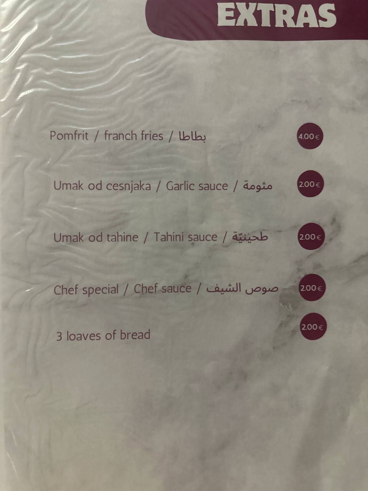 Menu da Aladdin cave Arabic restaurant, Zagabria