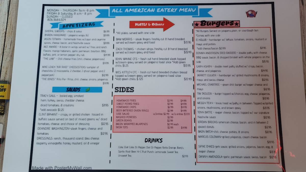 Menu at All American Eatery & Catering Co. restaurant, Lubbock