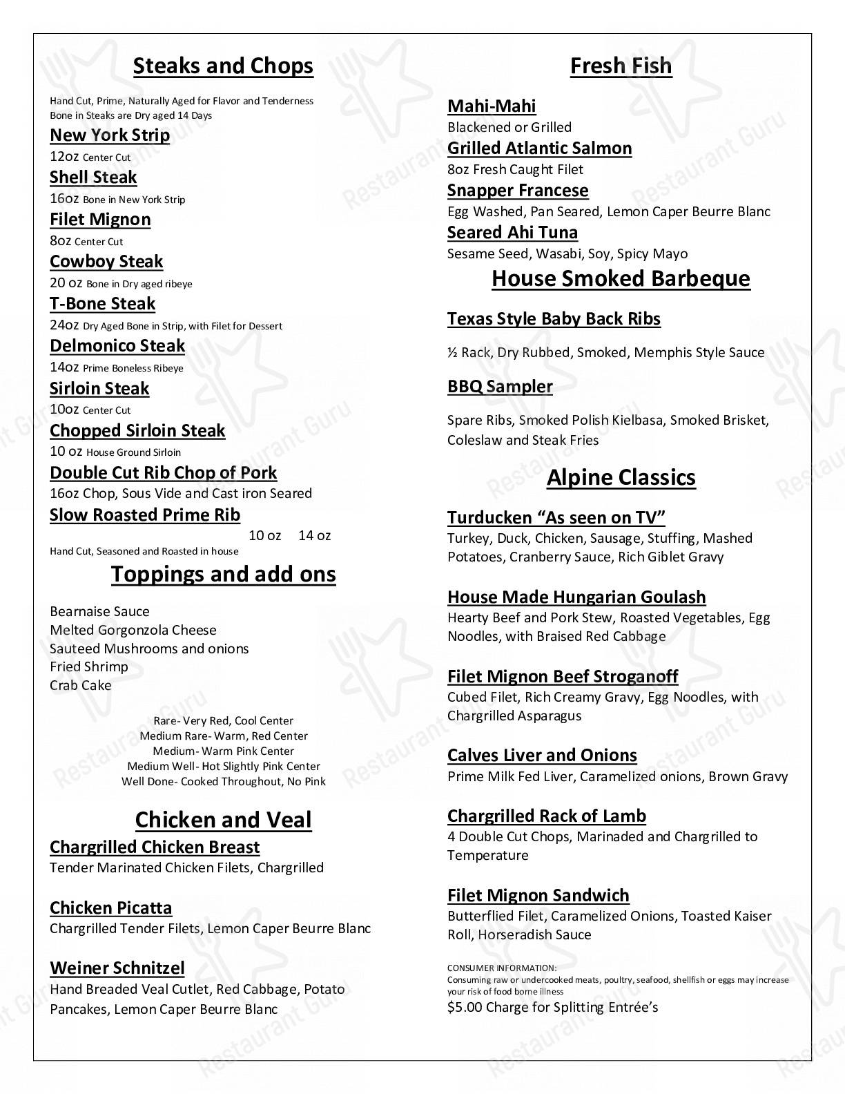 Menu at Alpine Steakhouse and Butcher Shop, Sarasota