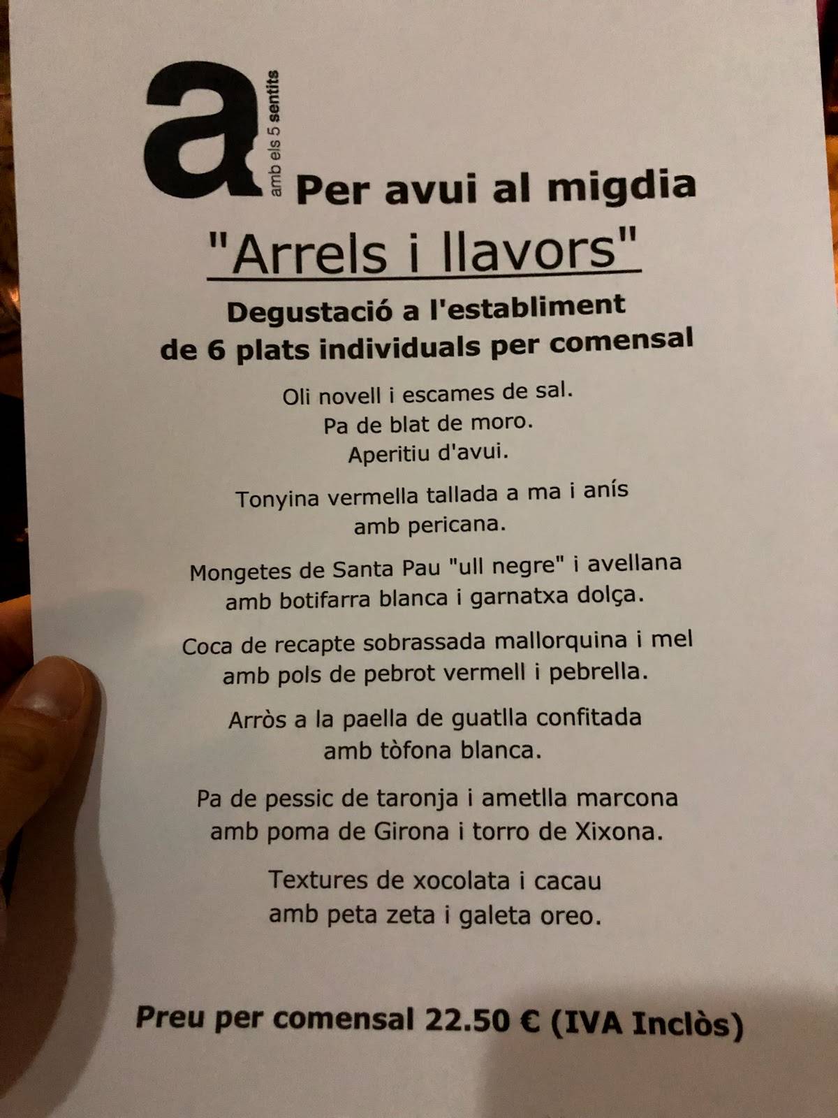 Carta del restaurante Amb els Cinc Sentits, Besalú