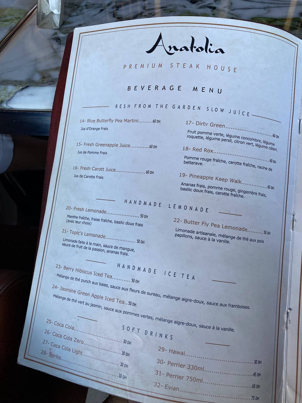 Menu au Anatolia Premium Steakhouse, Casablanca