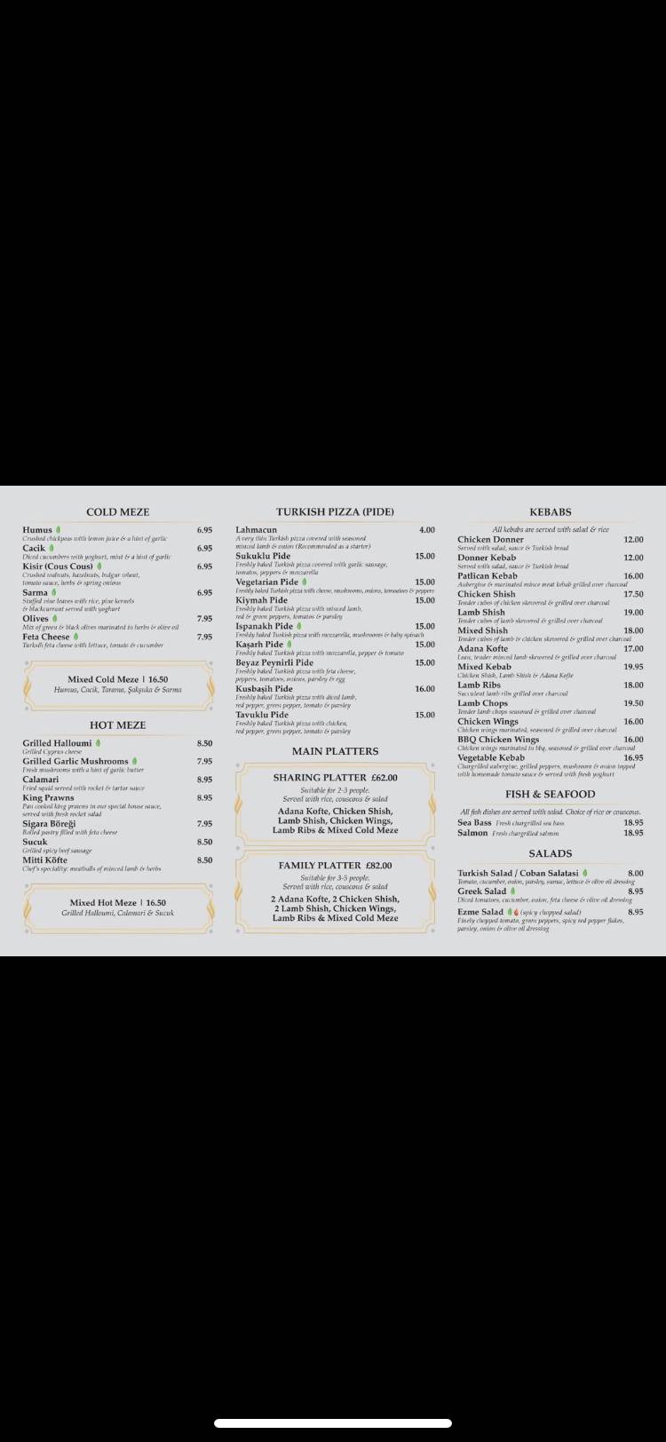 Menu at Anatolia Turkish Cuisine and Bar, Halifax