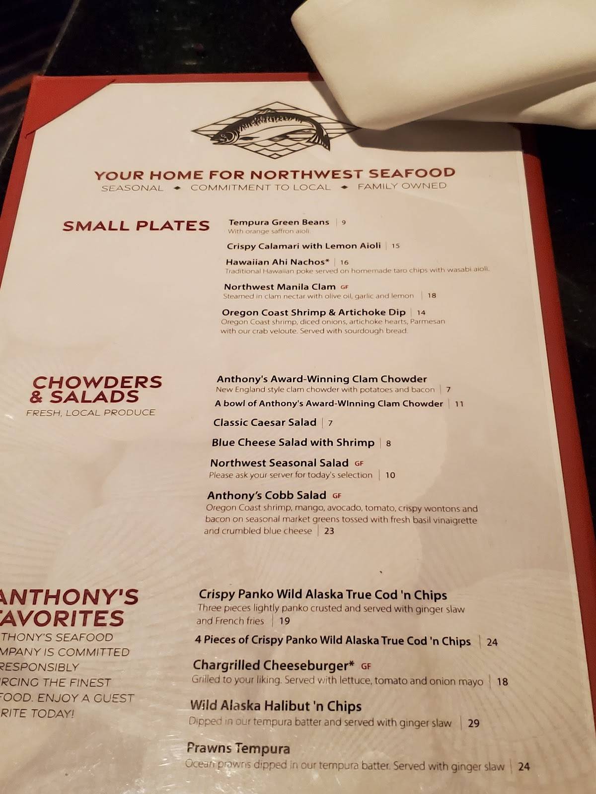 Menu at Anthony's HomePort restaurant, Des Moines, 421 S 227th St