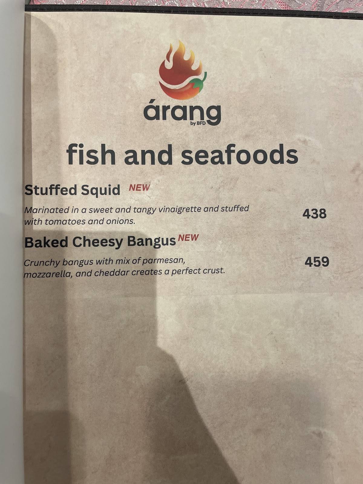 Menu at Arang Resto Bar, Legazpi City