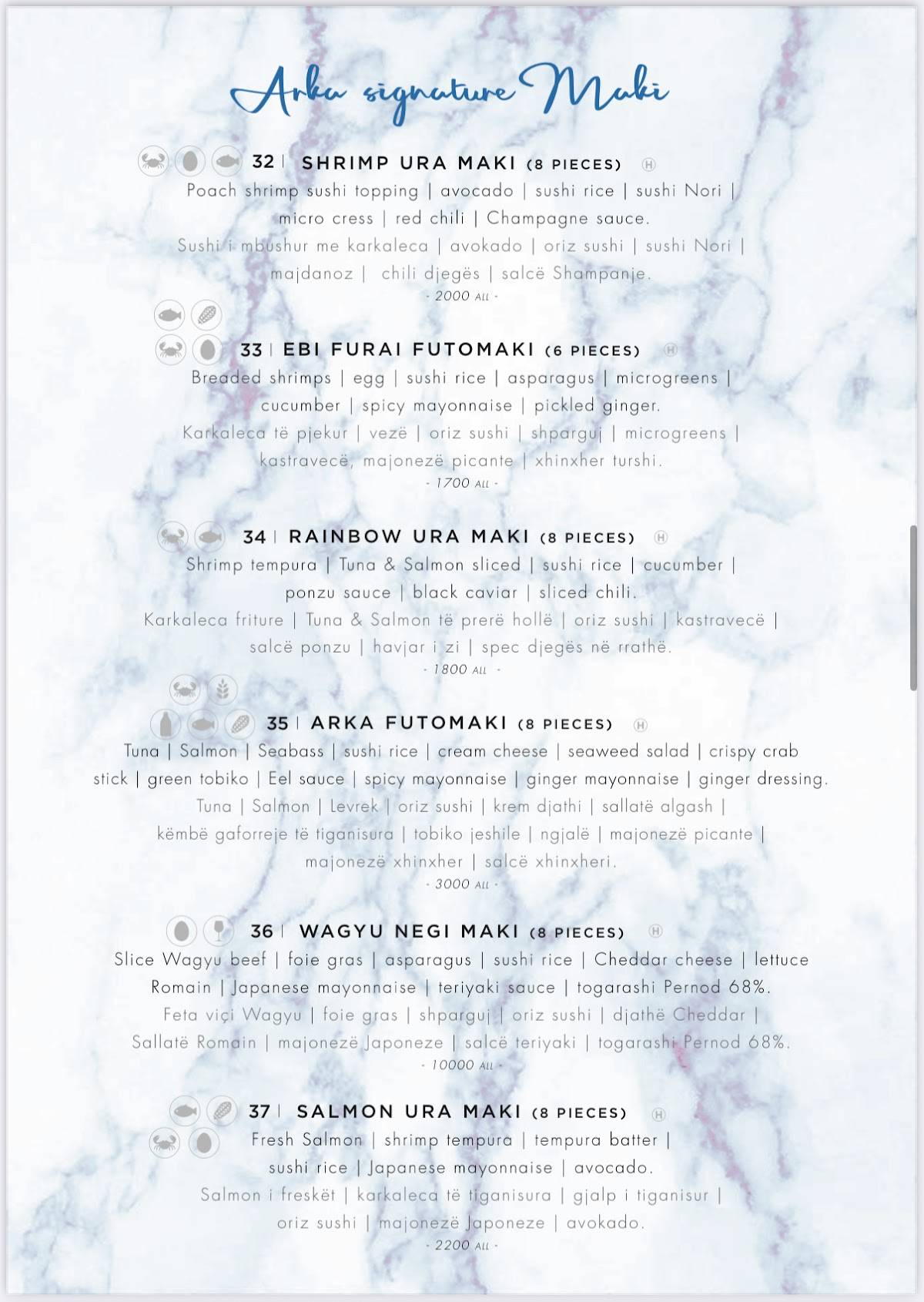 Menu at Arka Rooftop restaurant, Tirana