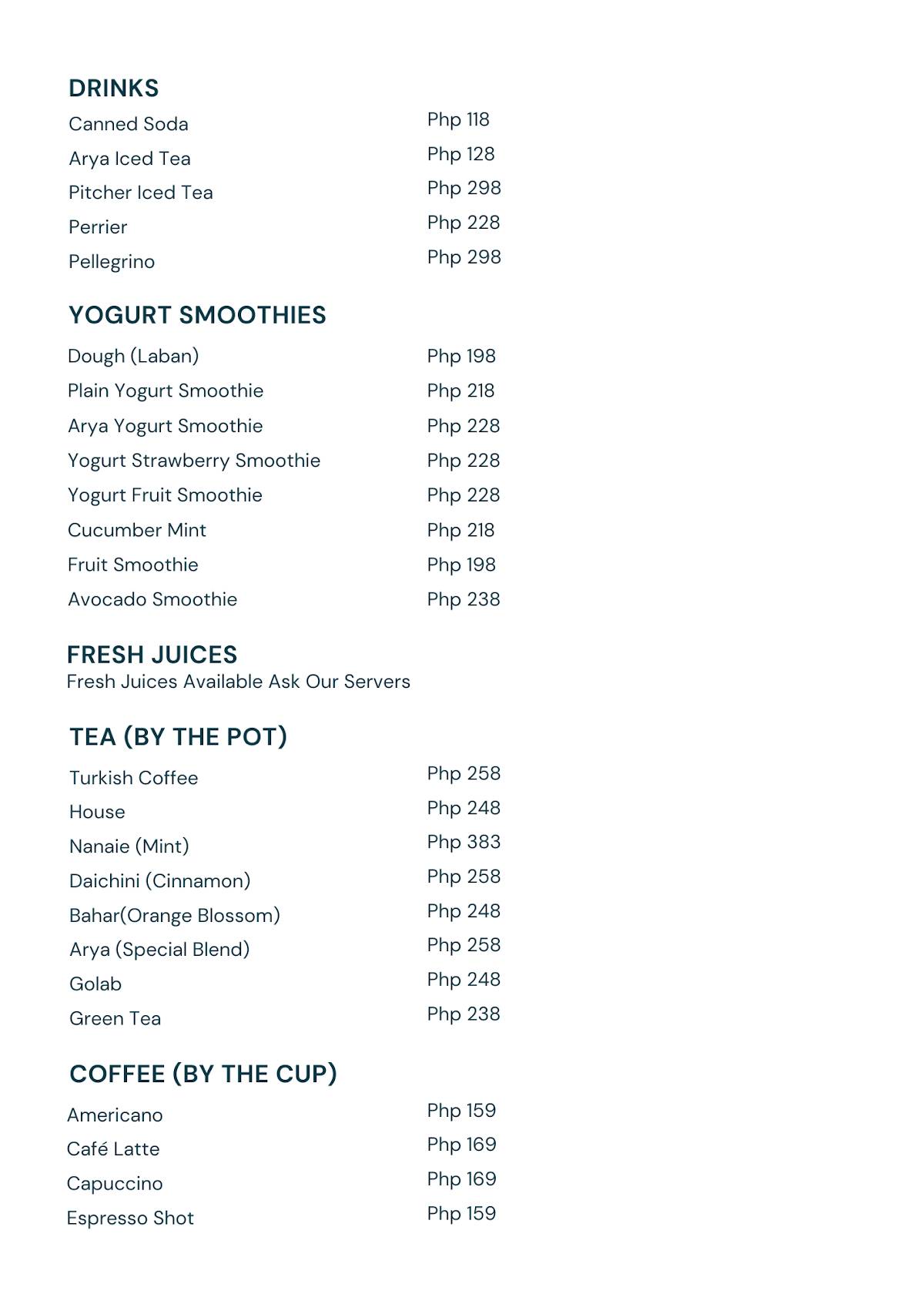 Menu at Arya Persian Restaurants, Mandaluyong, 6th Level East Wing Unit ...