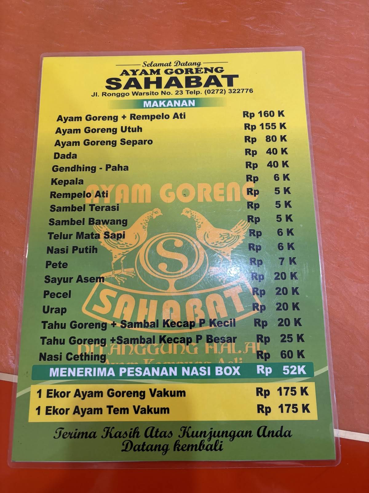 Menu at Ayam Goreng Sahabat restaurant, Klaten