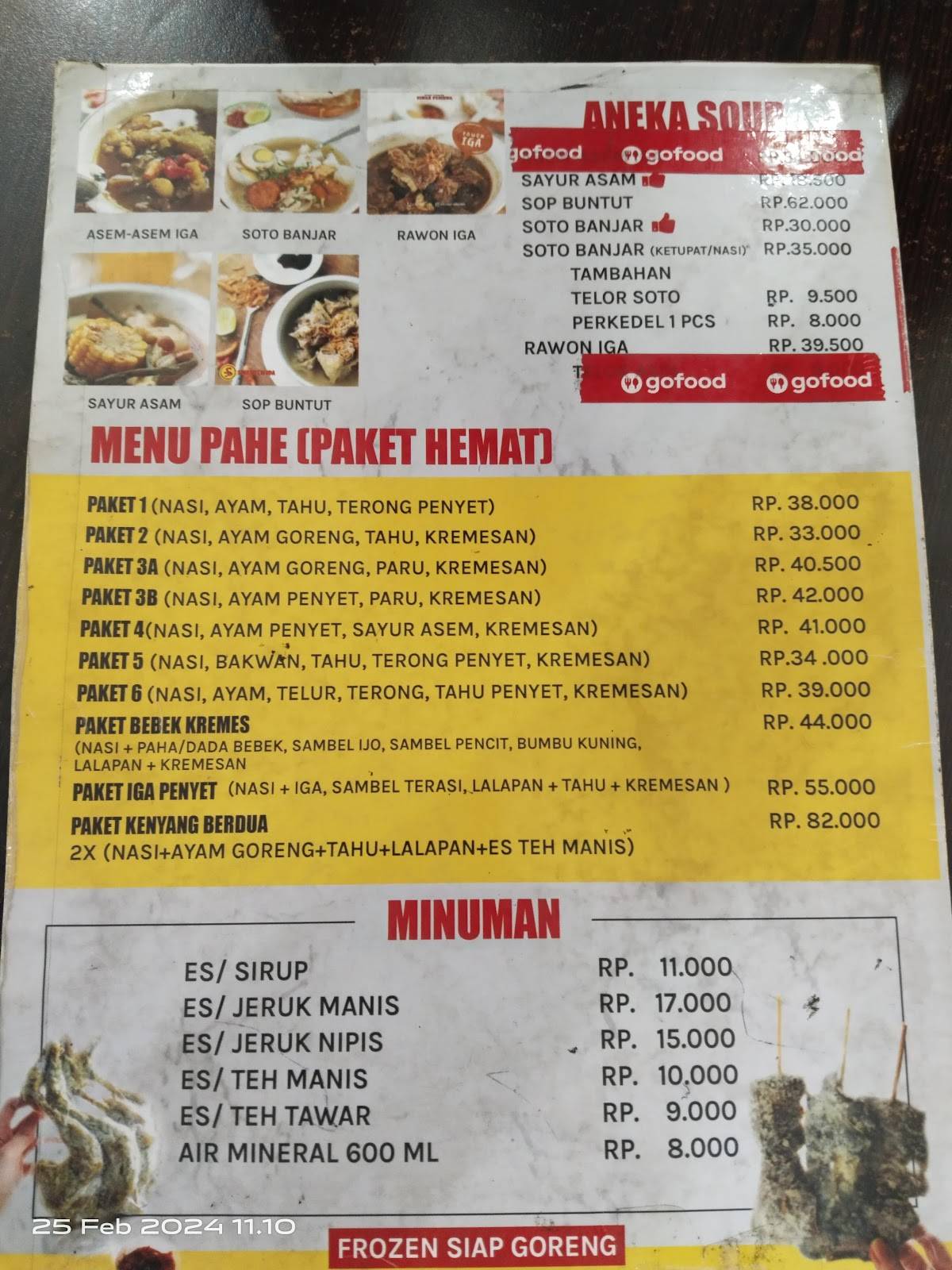Carta del restaurante Ayam Goreng Sinar Pemuda, Surabaya, Jl. Raya ...