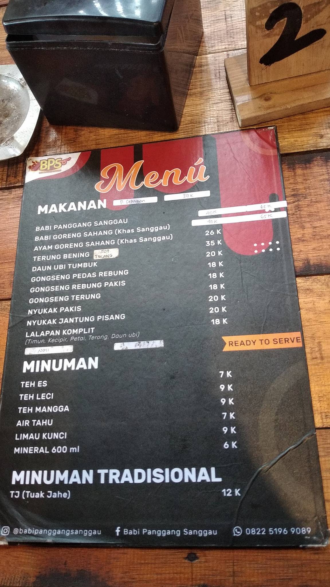 Menu at Babi Panggang Sanggau (BPS) restaurant, Pontianak