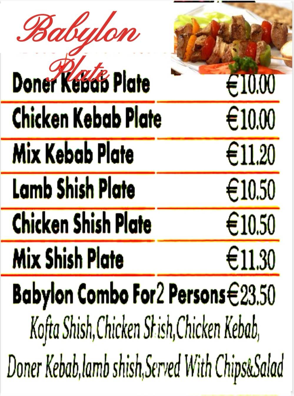 Carta del restaurante Babylon Kebab House, Clonmel