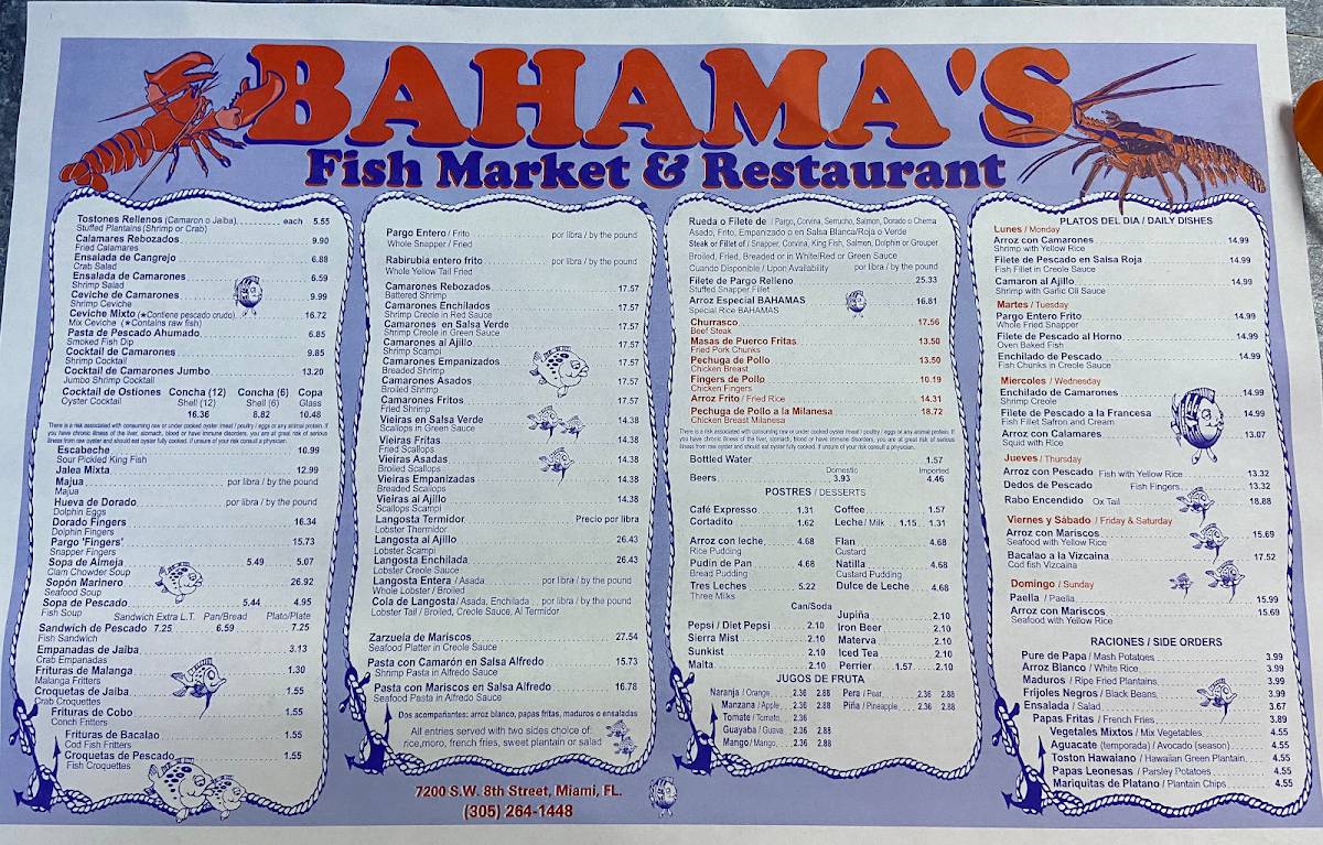 Menu at Bahamas Fish Market & Restaurant, Miami