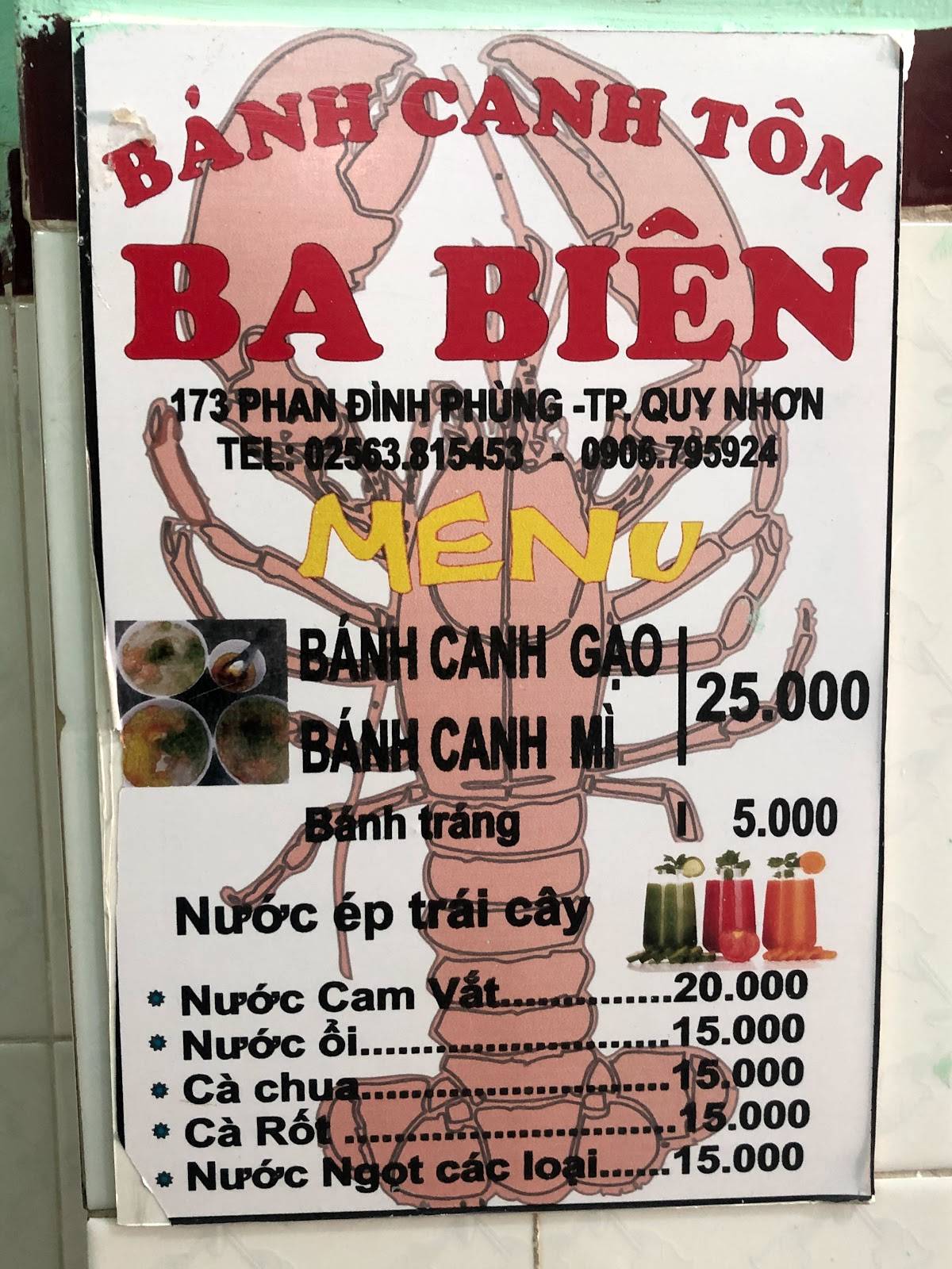 Menu at Bánh Canh Tôm Ba Biên restaurant, Qui Nhơn
