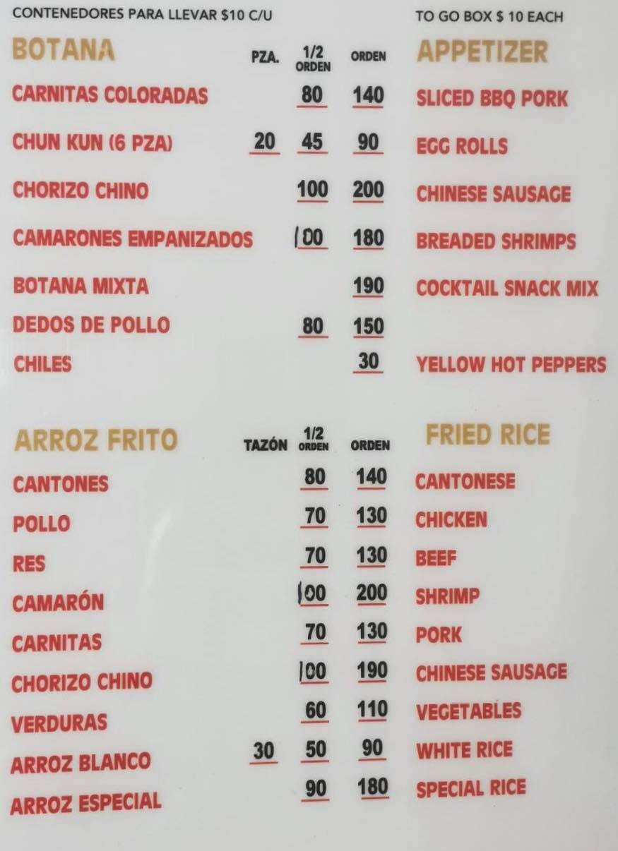 Menu at Restaurant Bar Dragón de Oro (金龍酒家), La Paz, Ignacio Allende