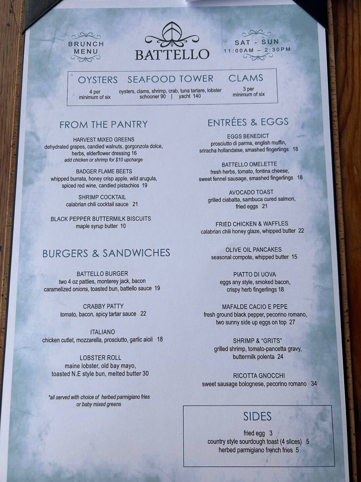 Menu at Battello restaurant, Jersey City