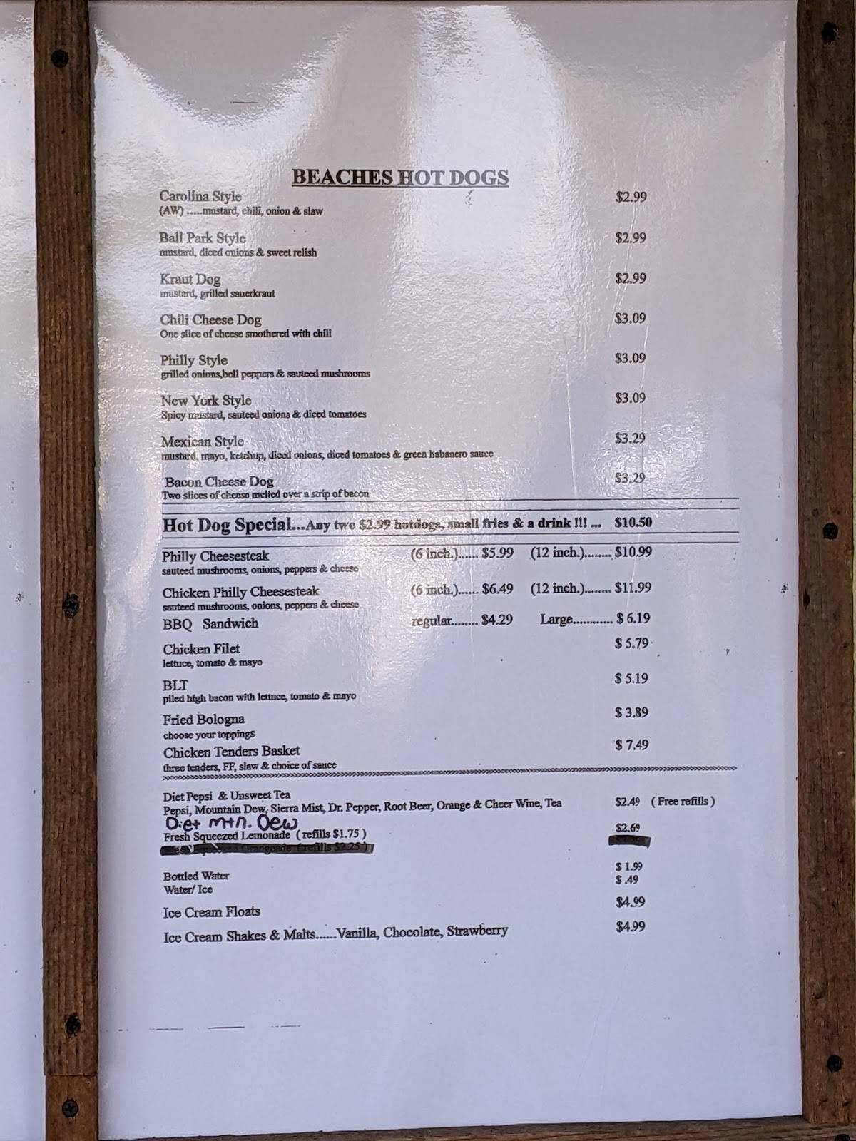 Menu at Beaches Burgers restaurant, Ocean Isle Beach