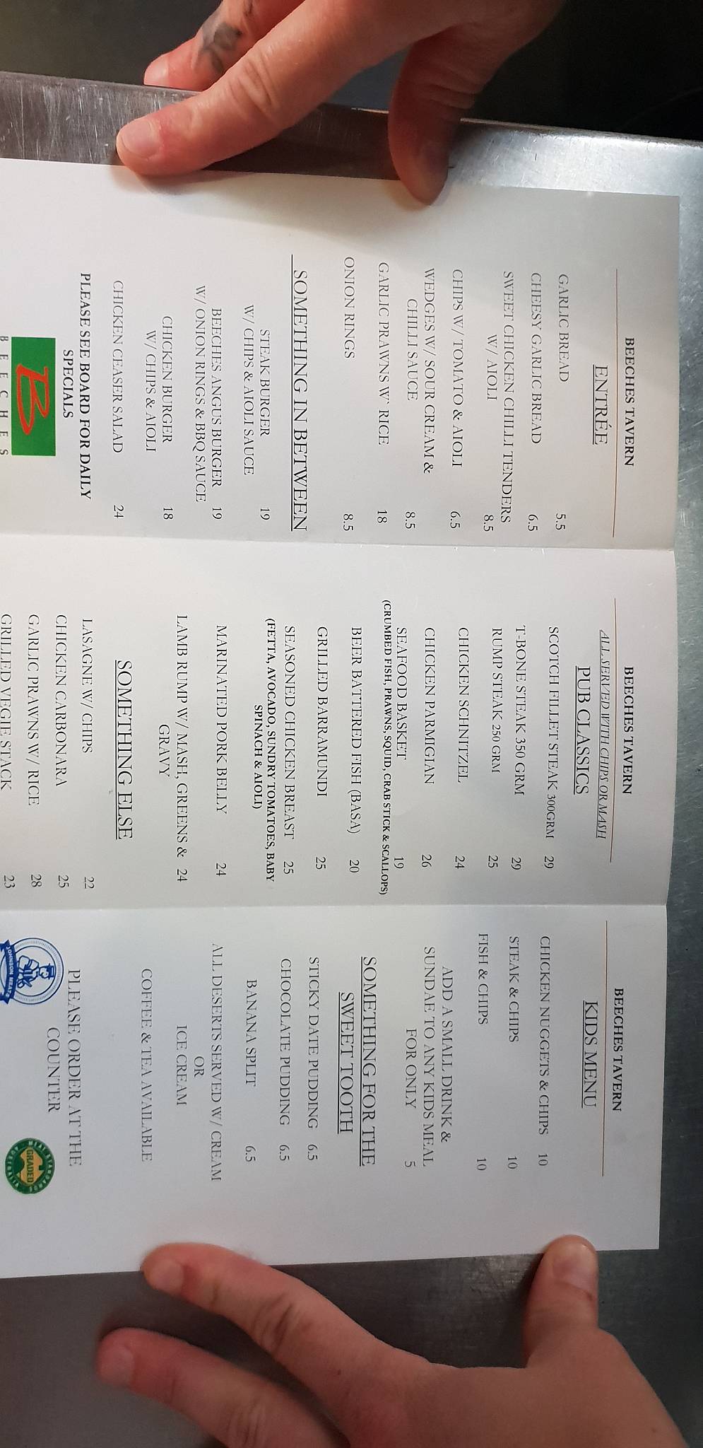 Menu at Beeches Tavern restaurant, Beechboro